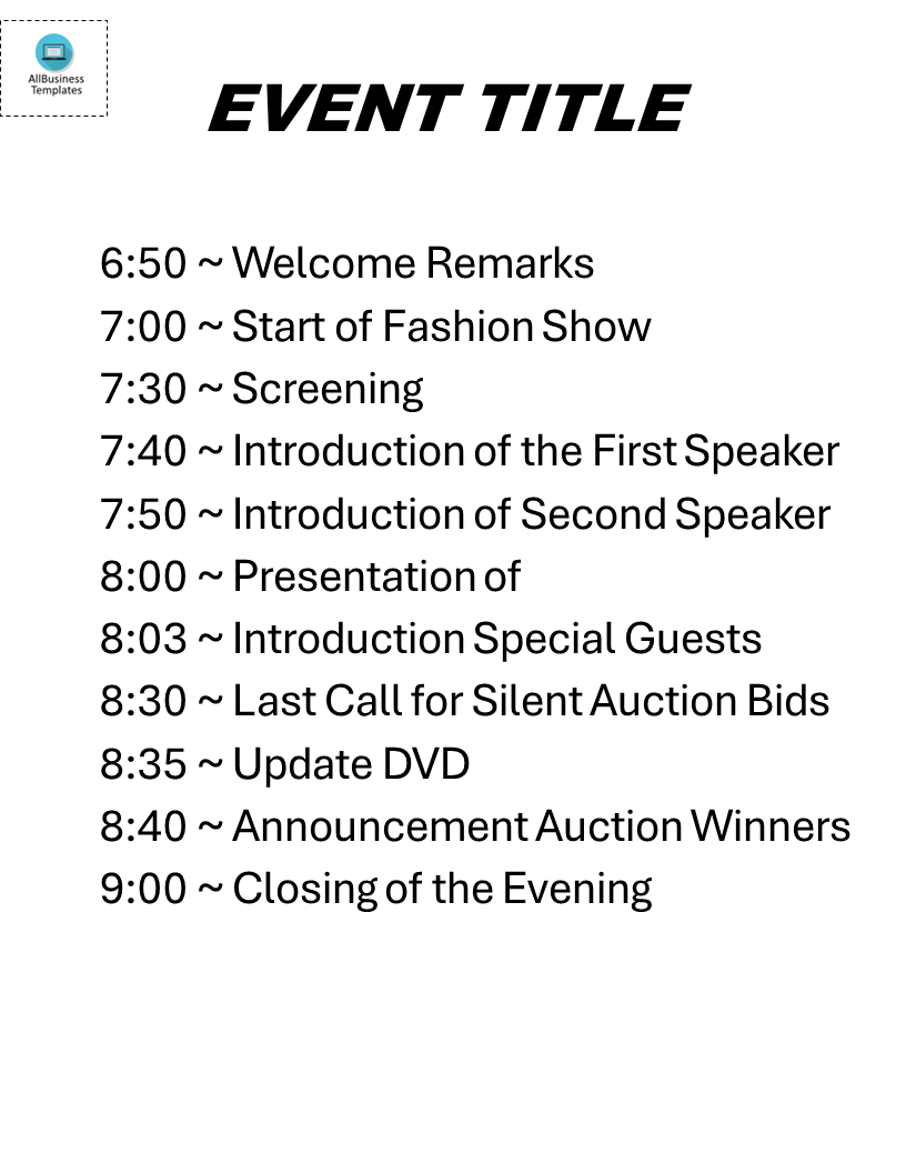Sample Event Agenda | Templates at allbusinesstemplates.com