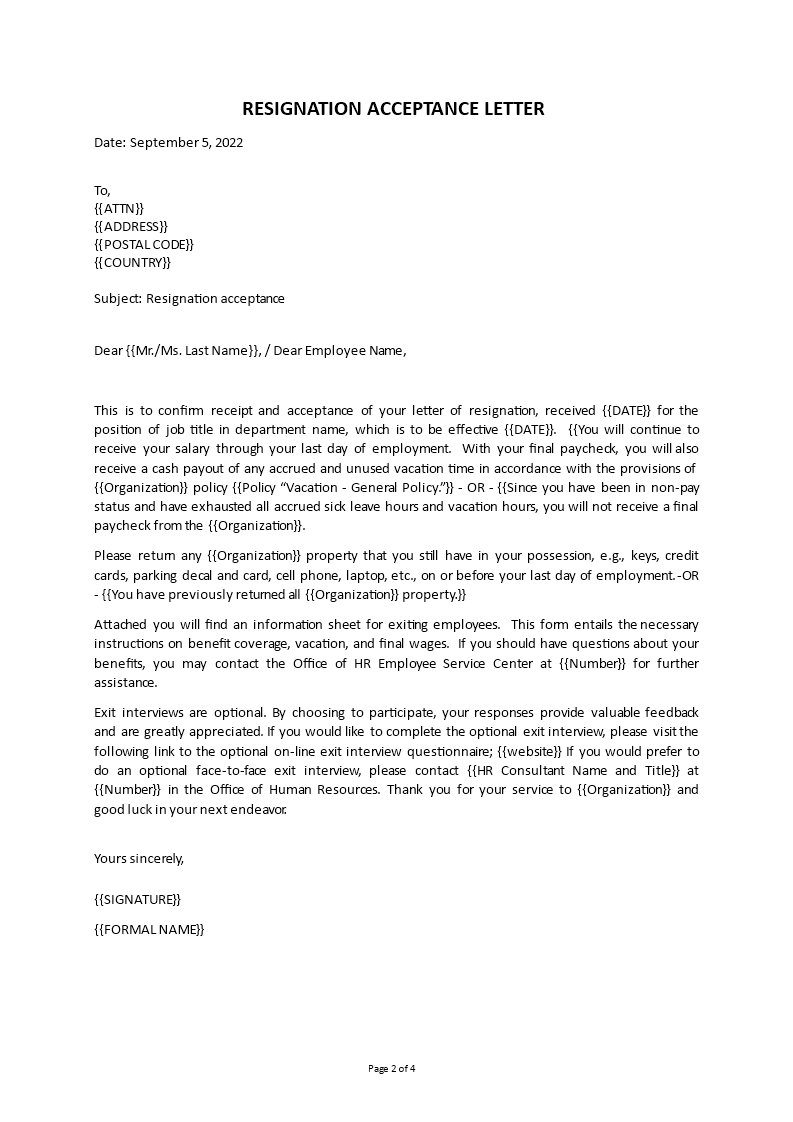 Resignation Acceptance letter template | Templates at ...