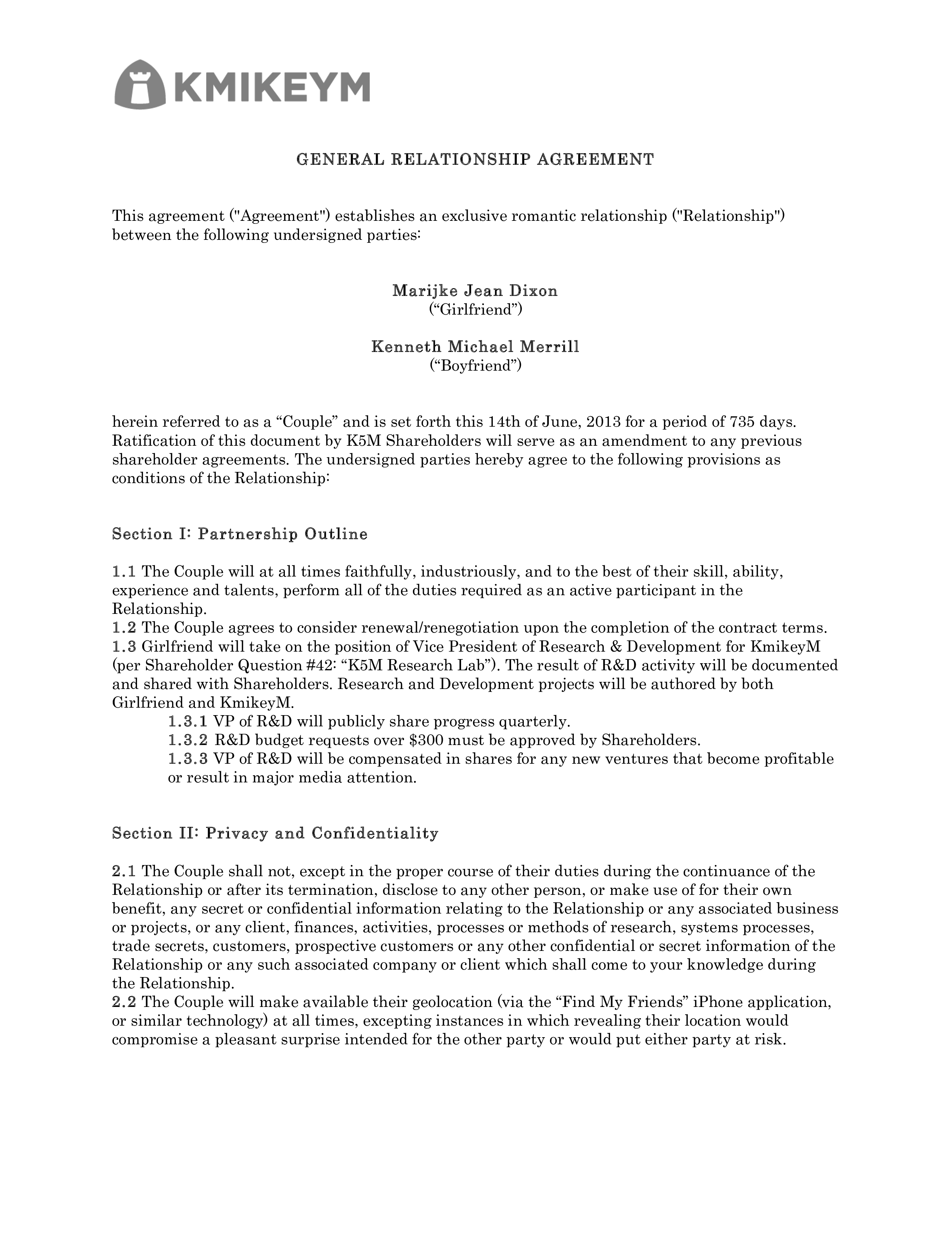 Kostenloses Relationship Agreement