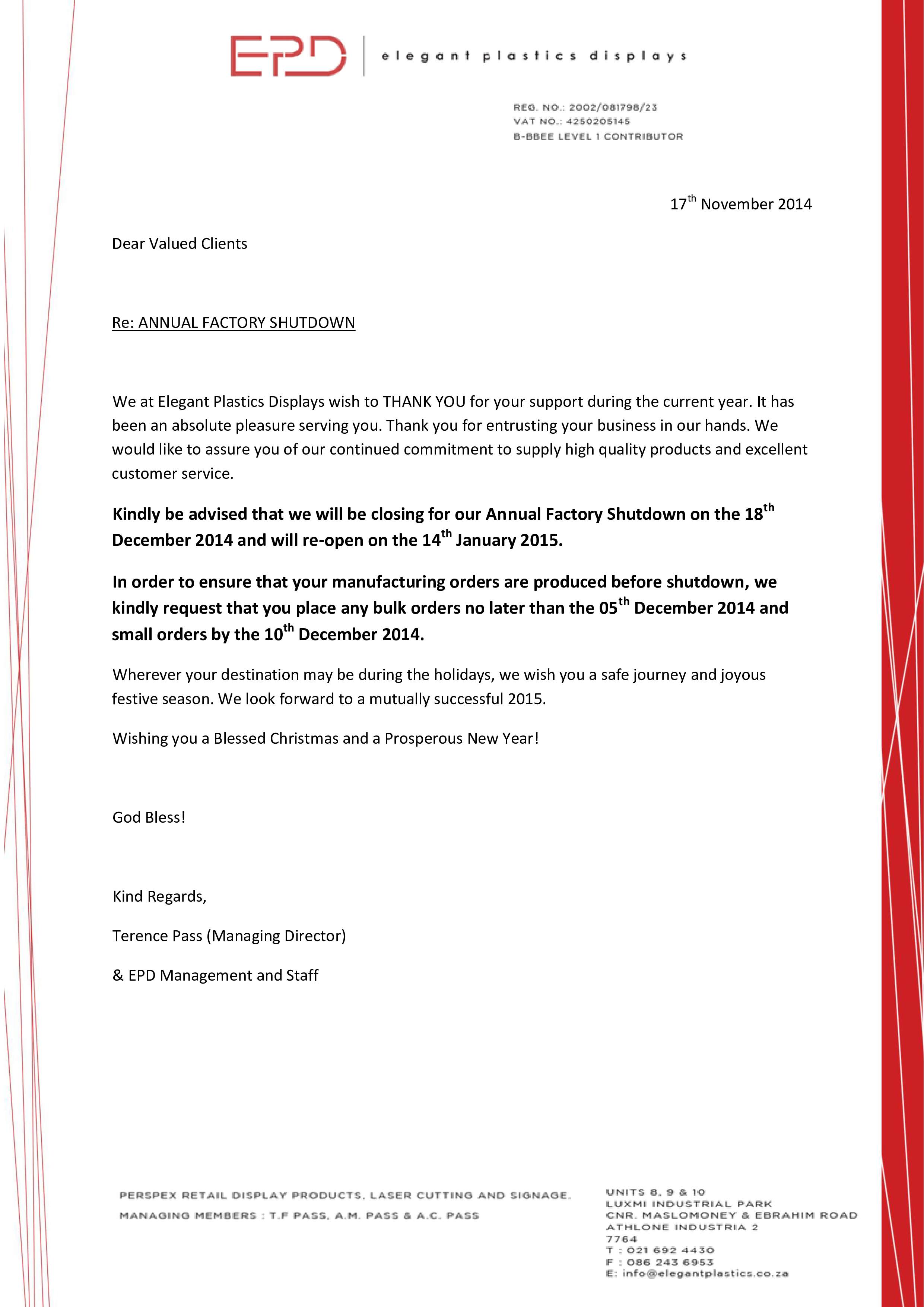 Gratis Kennisgevingsbrief Zakelijke Sluiting