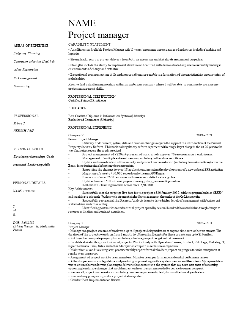 Project Manager Curriculum Vitae | Templates at allbusinesstemplates.com