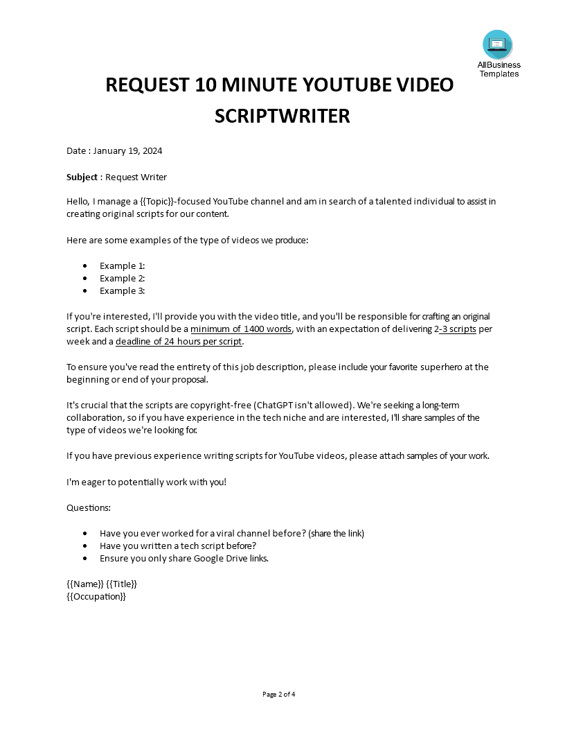 免费 Copy Writer Request Template | 样本文件在 allbusinesstemplates.com