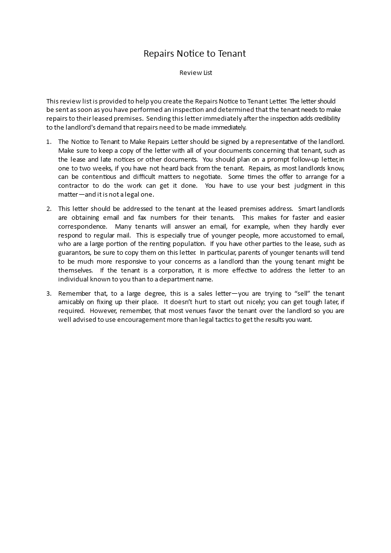 Repair Notice to Tenant | Templates at allbusinesstemplates.com