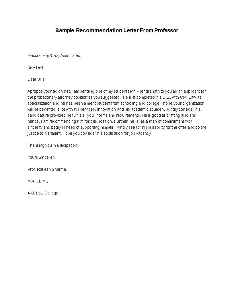  Recommendation Letter From Professor Allbusinesstemplates