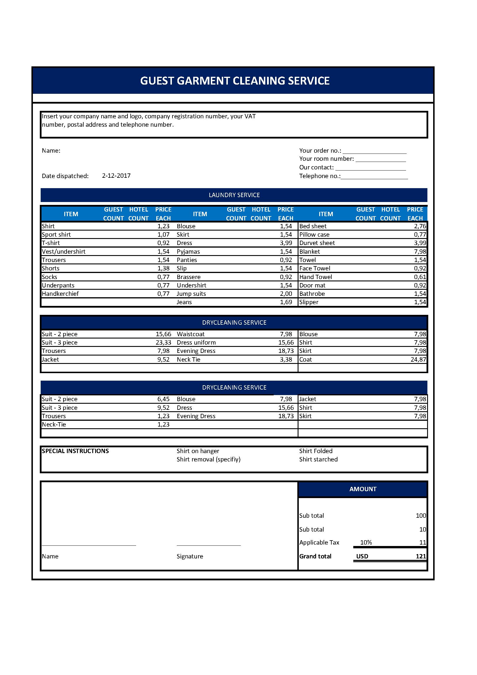 Guest Garment Cleaning Service | Templates at allbusinesstemplates.com