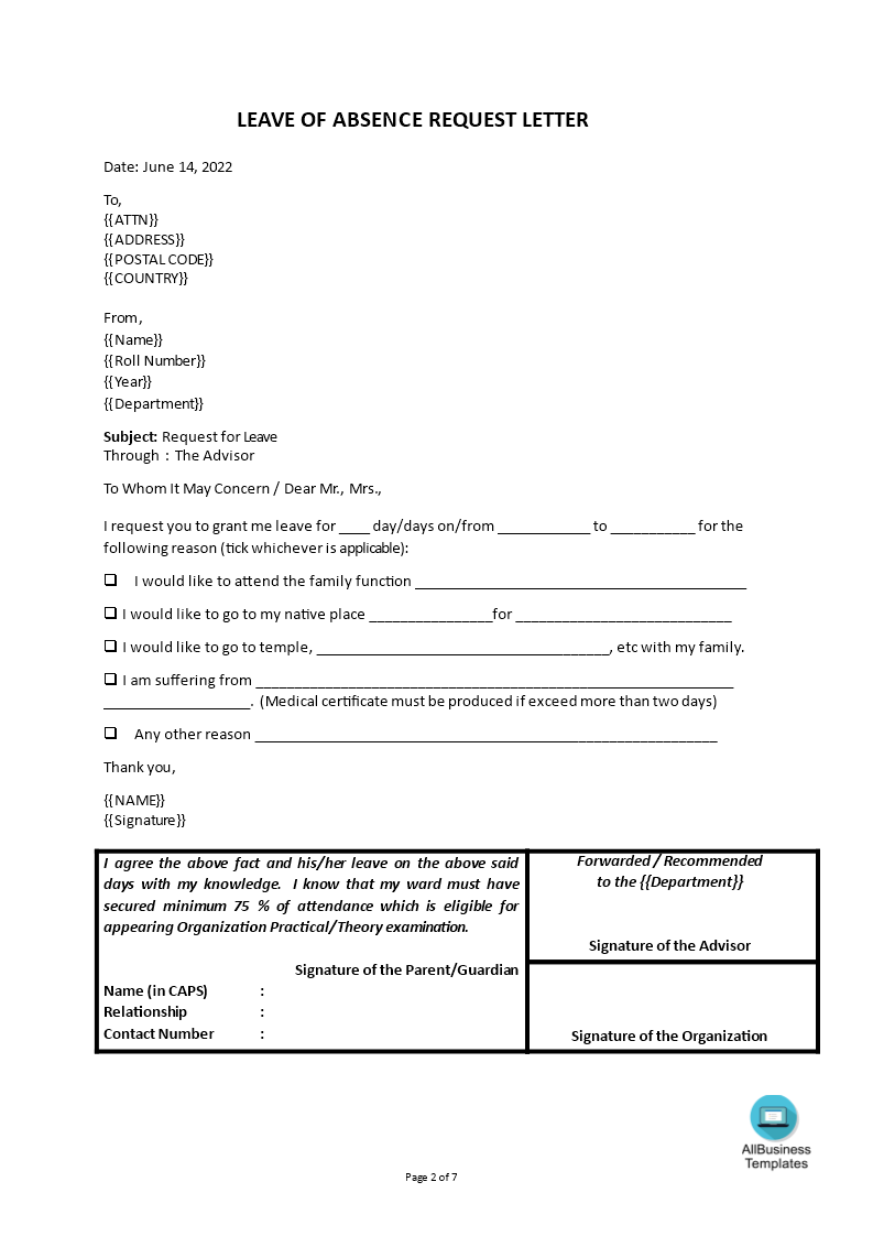 免费 Request Leave Letter template | 样本文件在 allbusinesstemplates.com