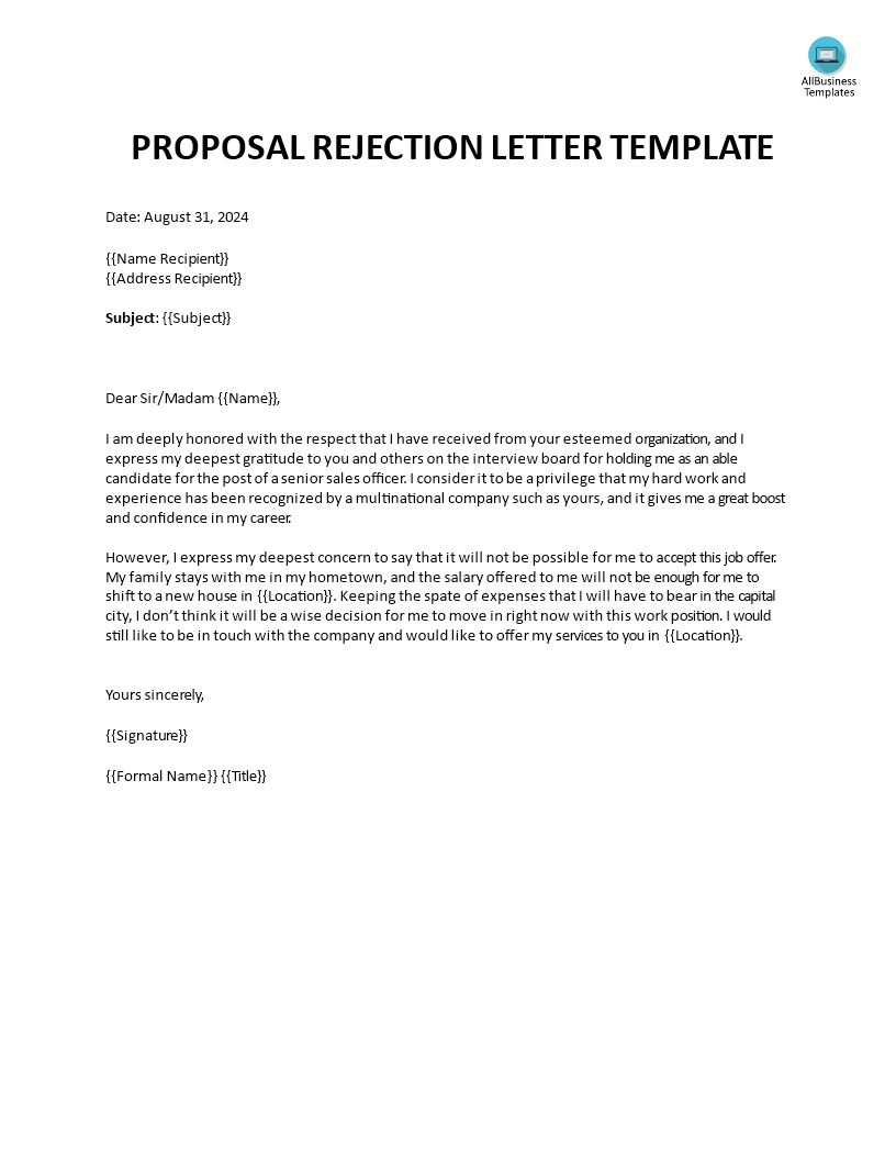 Proposal Rejection Letter template | Templates at allbusinesstemplates.com