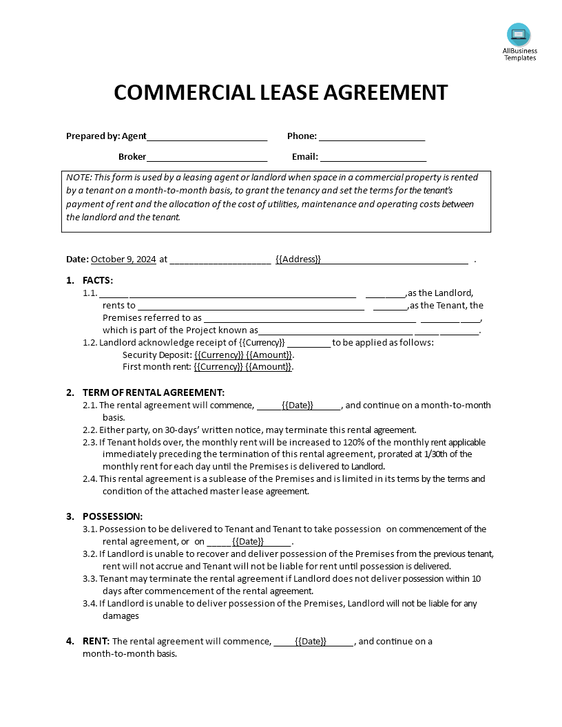 Free commercial lease agreement template | Templates at ...