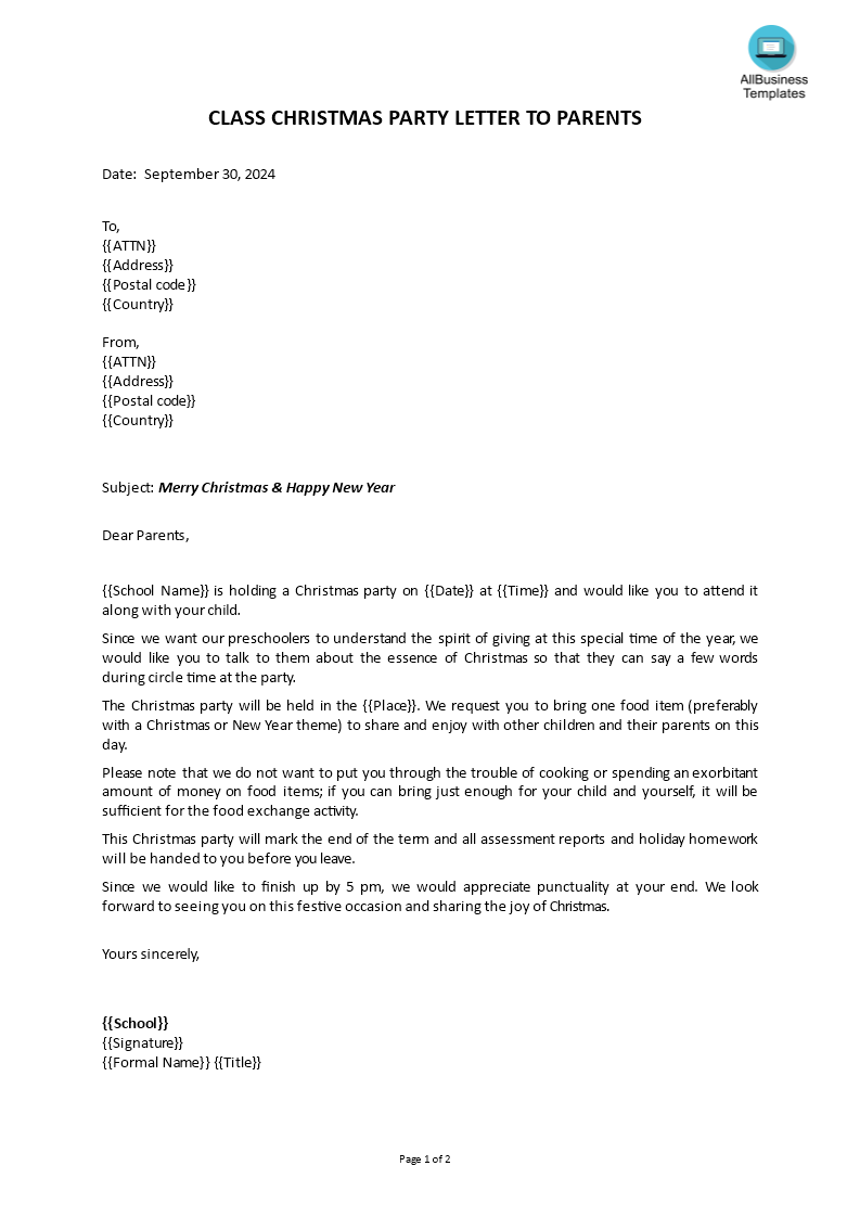 Class Christmas Party Letter to Parents | Templates at ...