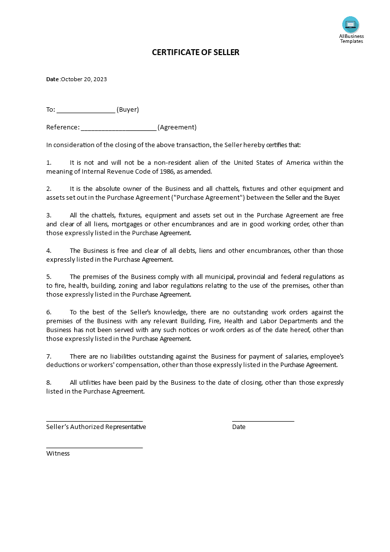 Certificate of Seller | Templates at allbusinesstemplates.com