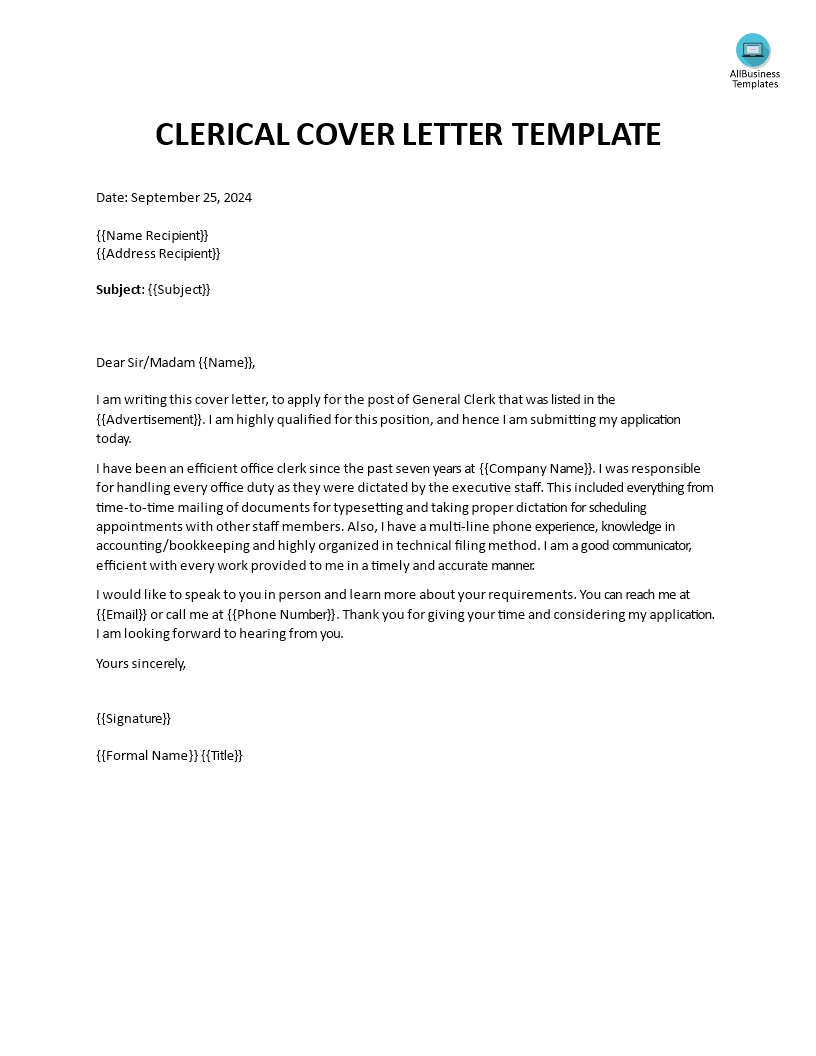 Clerical Cover Letter | Templates at allbusinesstemplates.com