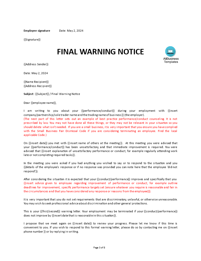 Staff Formal Warning Letter | Templates at allbusinesstemplates.com