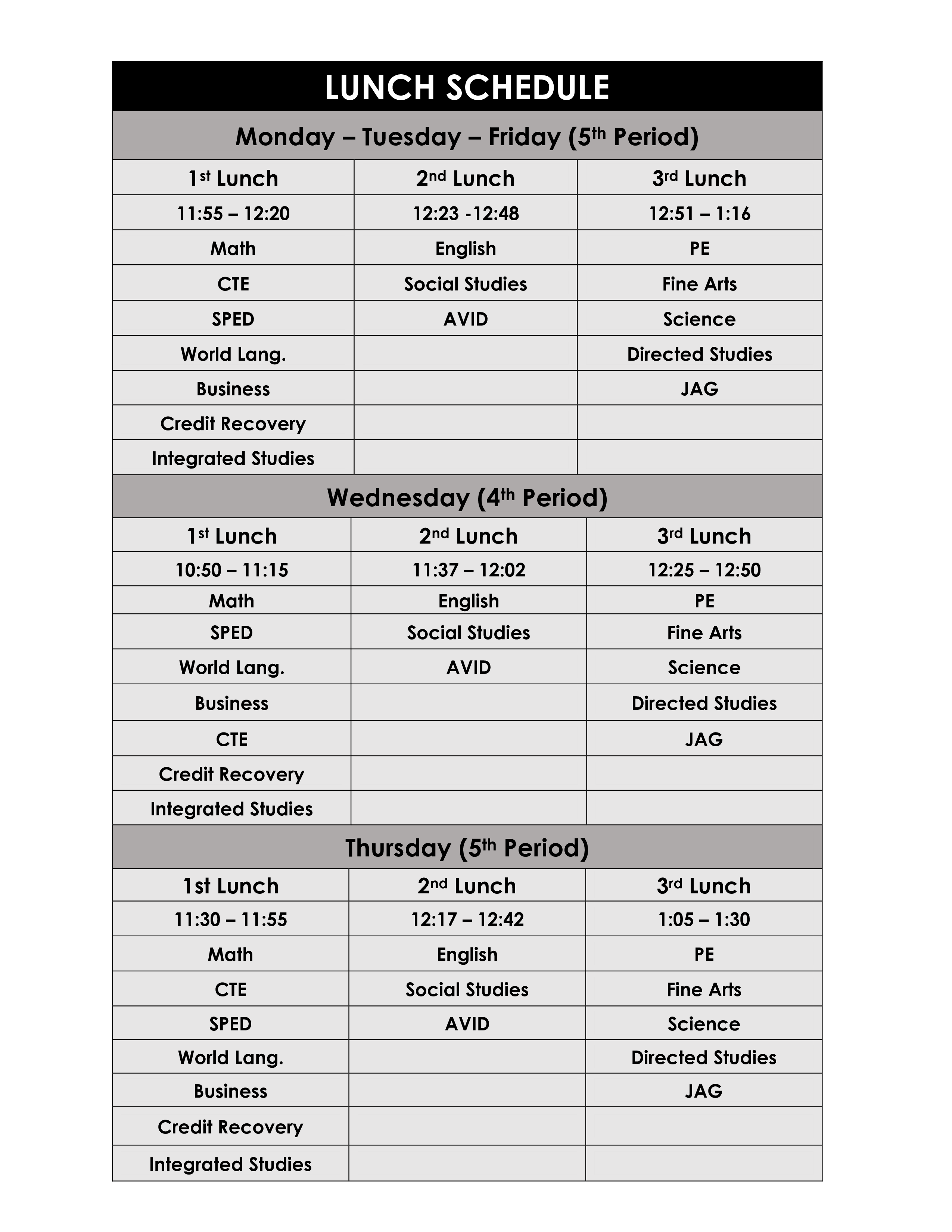  Lunch Schedule Sample Allbusinesstemplates