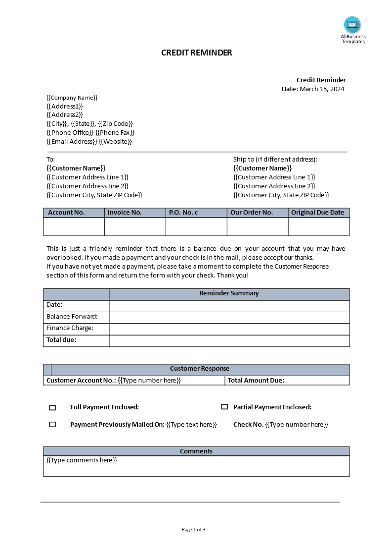 Credit Reminder | Templates at allbusinesstemplates.com