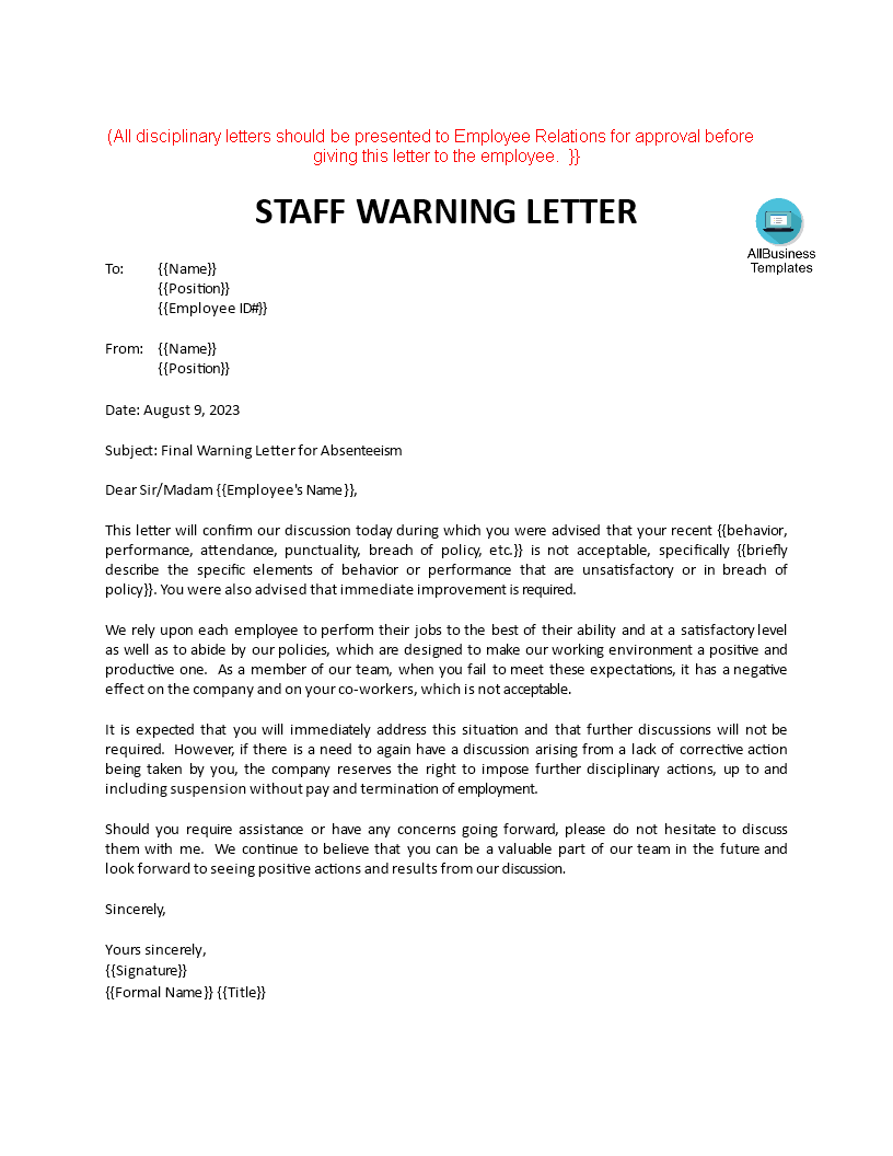 Unacceptable Behavior Warning Letter | Templates at ...