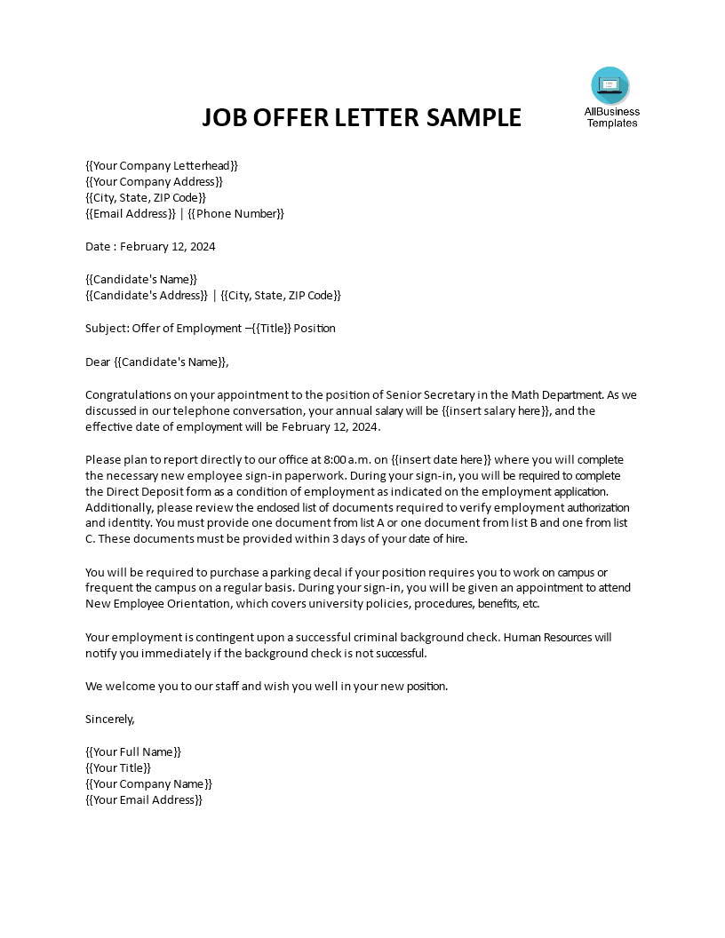 Job Offer Letter | Templates at allbusinesstemplates.com