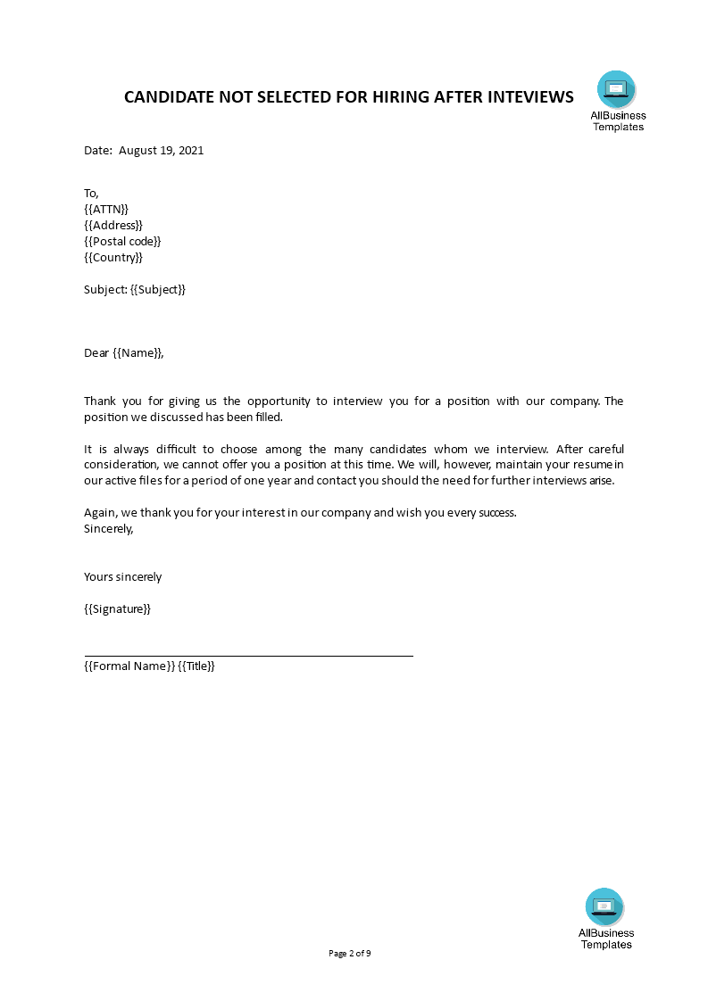 Rejection Letter for Job Interview | Templates at allbusinesstemplates.com