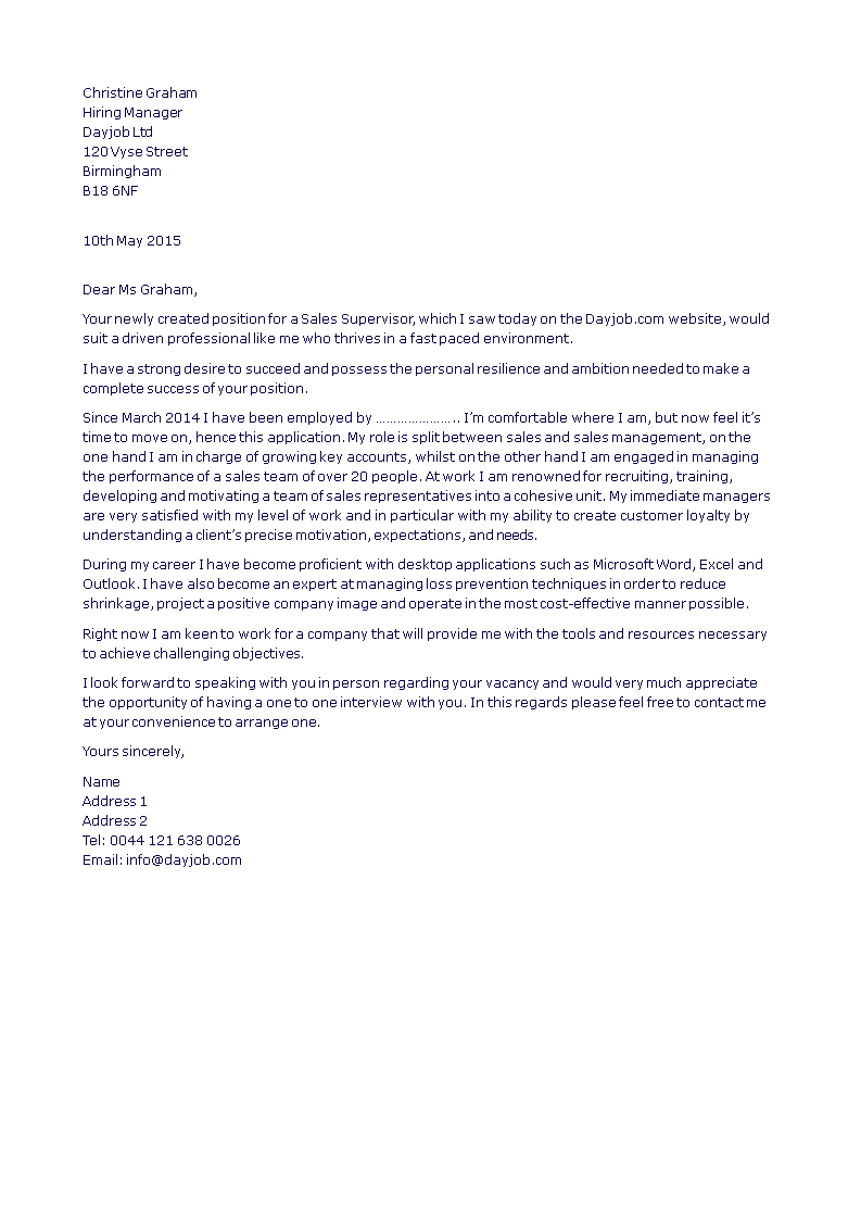 Sales Supervisor Job Application Letter Templates At 