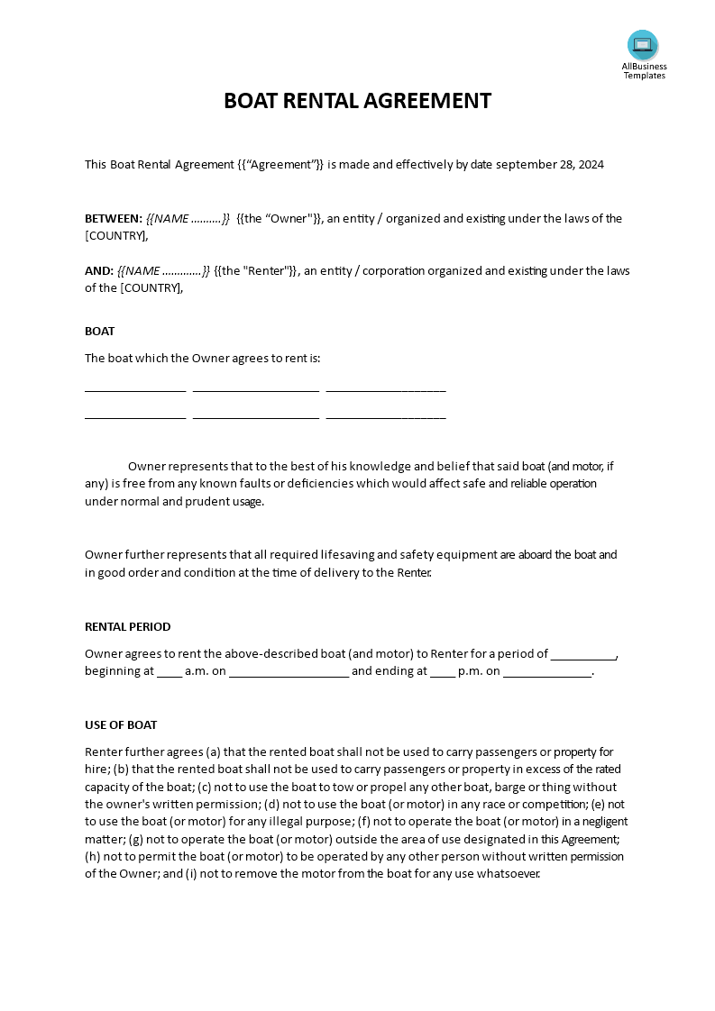 Boat Rental Agreement Template | Templates at allbusinesstemplates.com