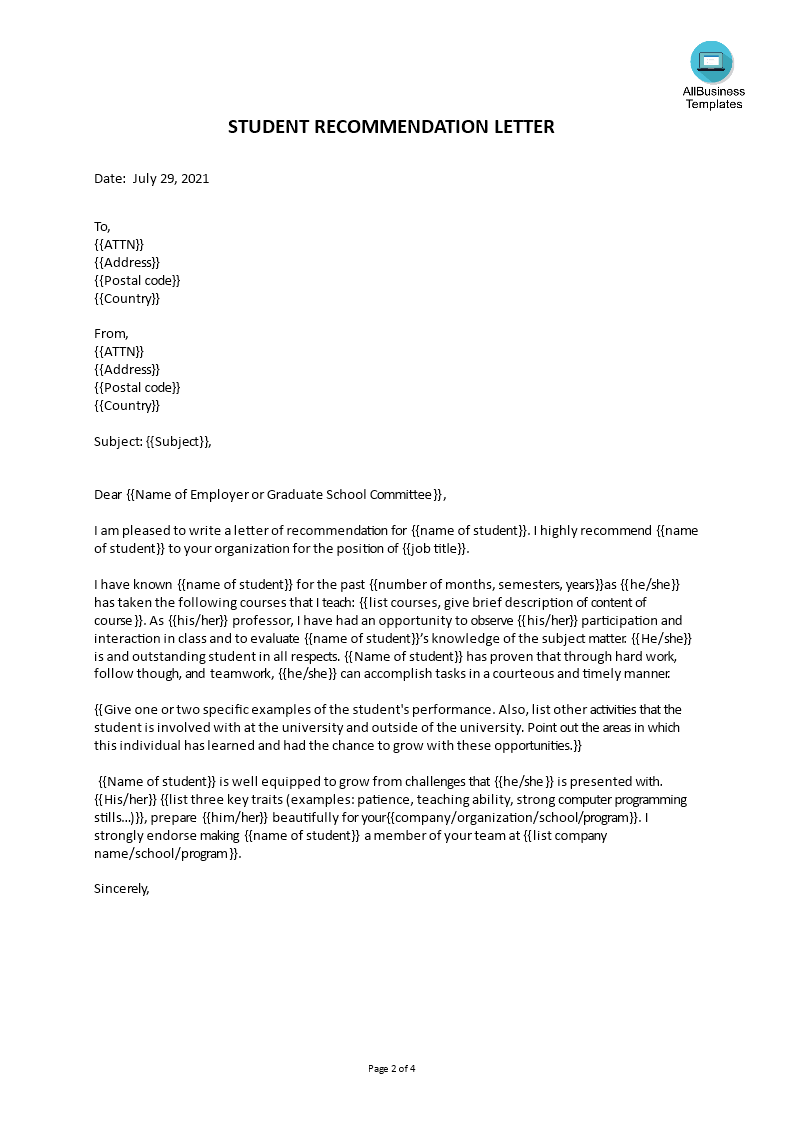 Student Recommendation Letter | Templates at allbusinesstemplates.com