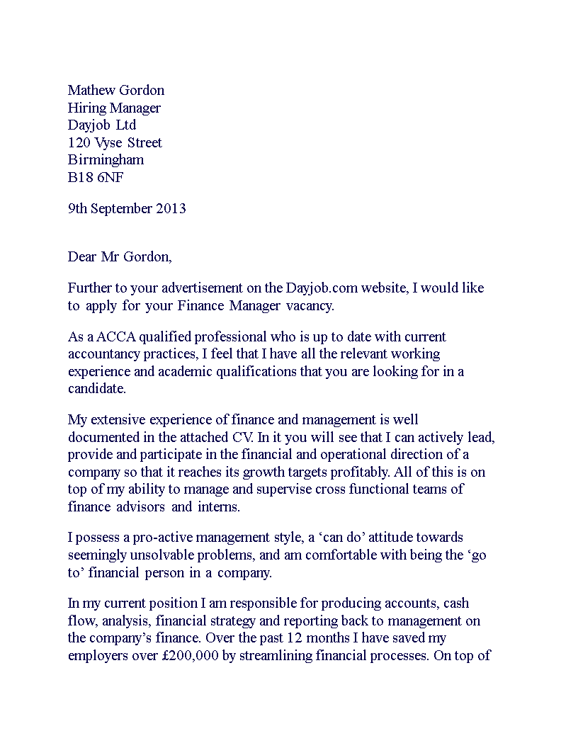 Finance Manager Cover Letter Templates At Allbusinesstemplates