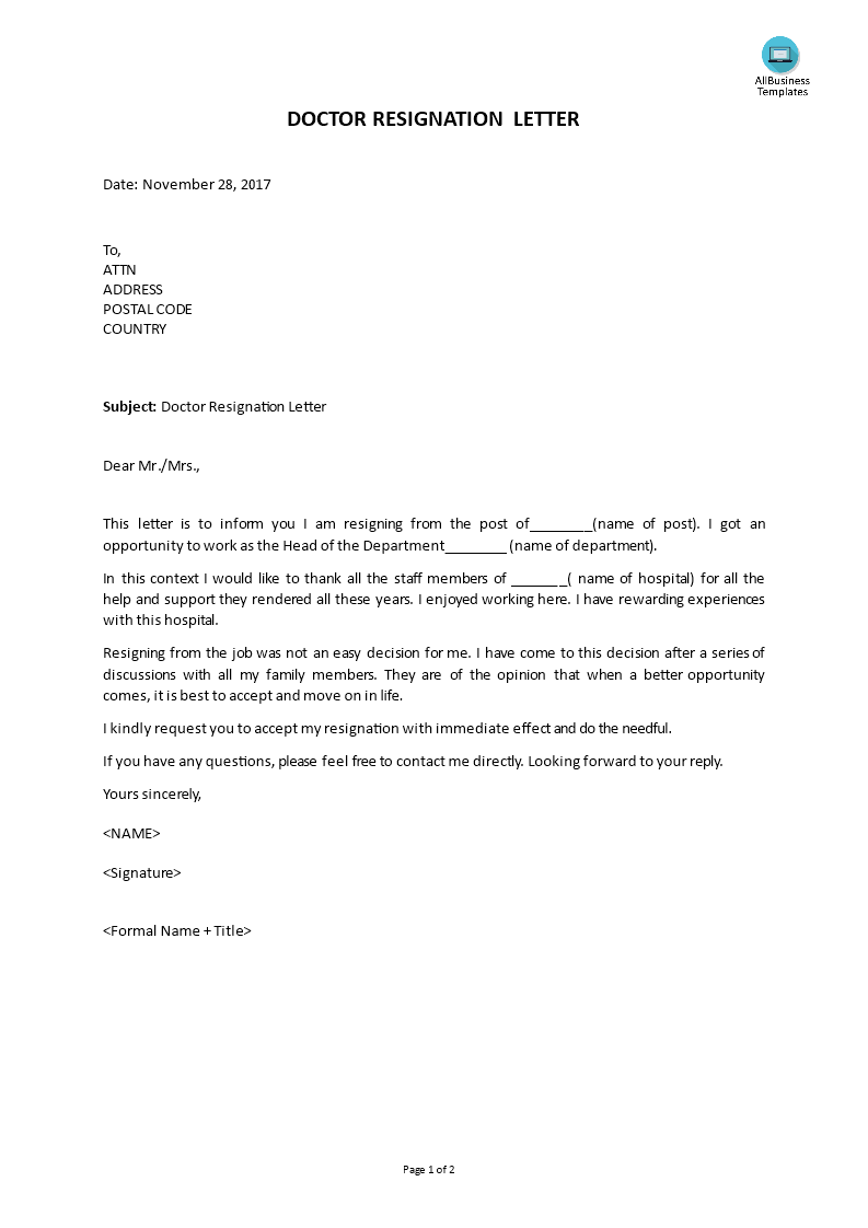 Doctor Resignation Letter Template