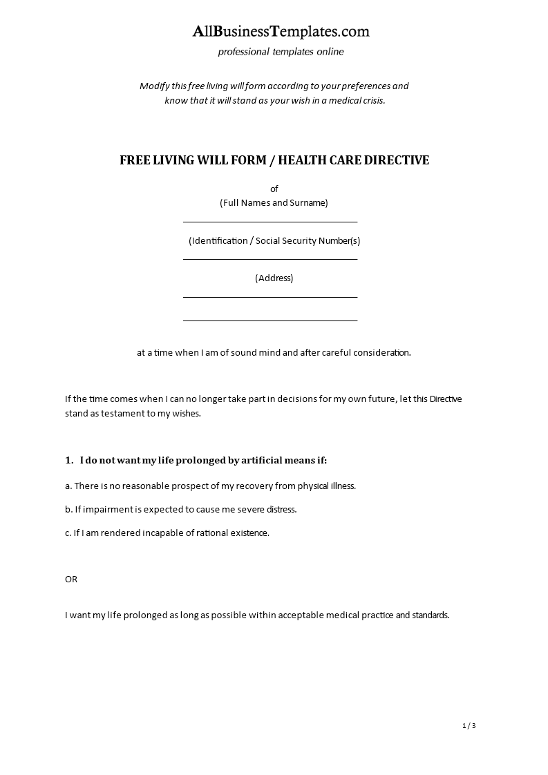 Health Care Directive | Templates at allbusinesstemplates.com