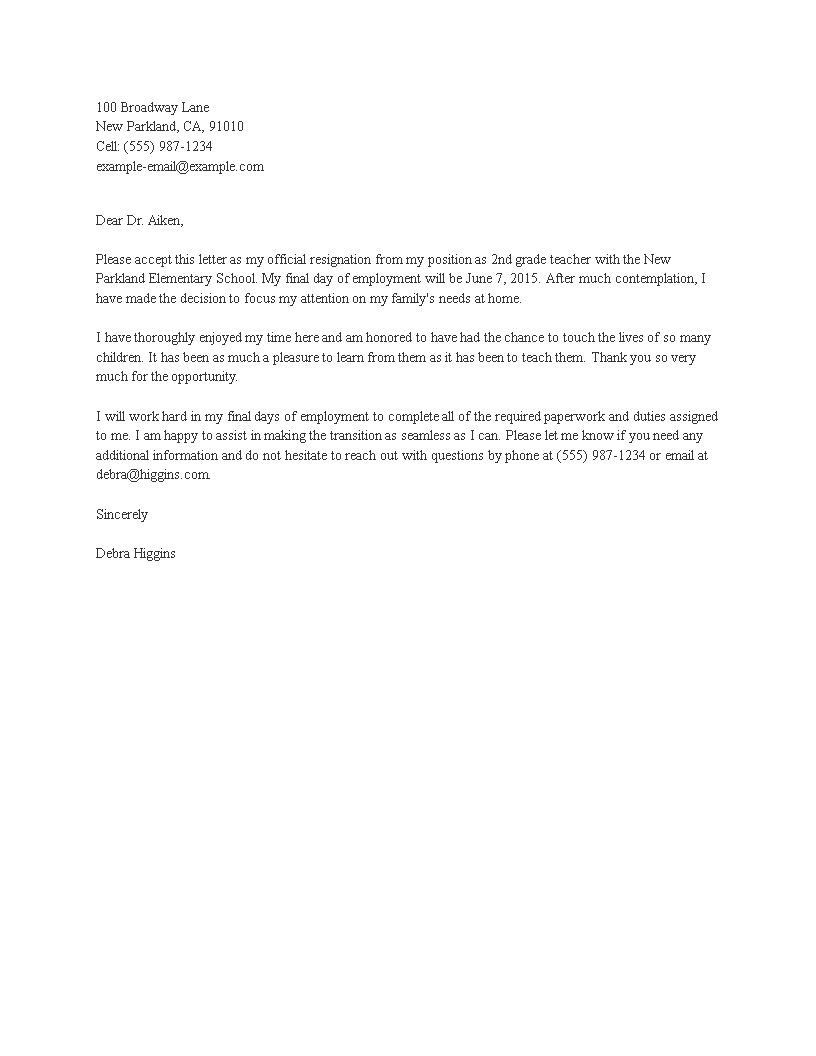 Basic Teacher Resignation Letter Templates At Allbusinesstemplates