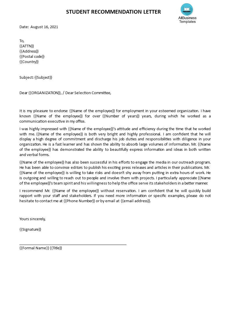 Kostenloses Examples of Recommendation Letters