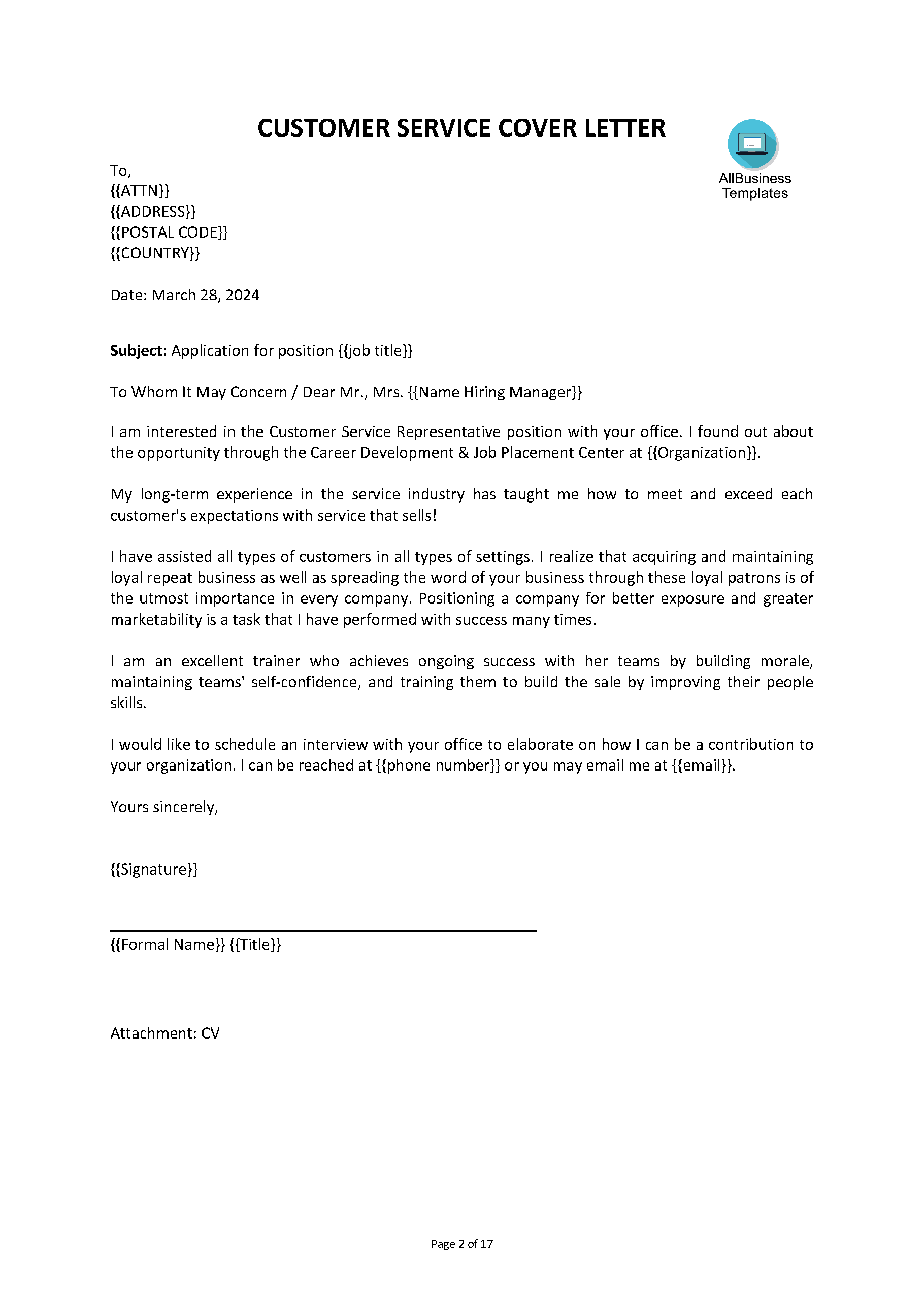 Customer Service Cover Letter sample | Templates at ...