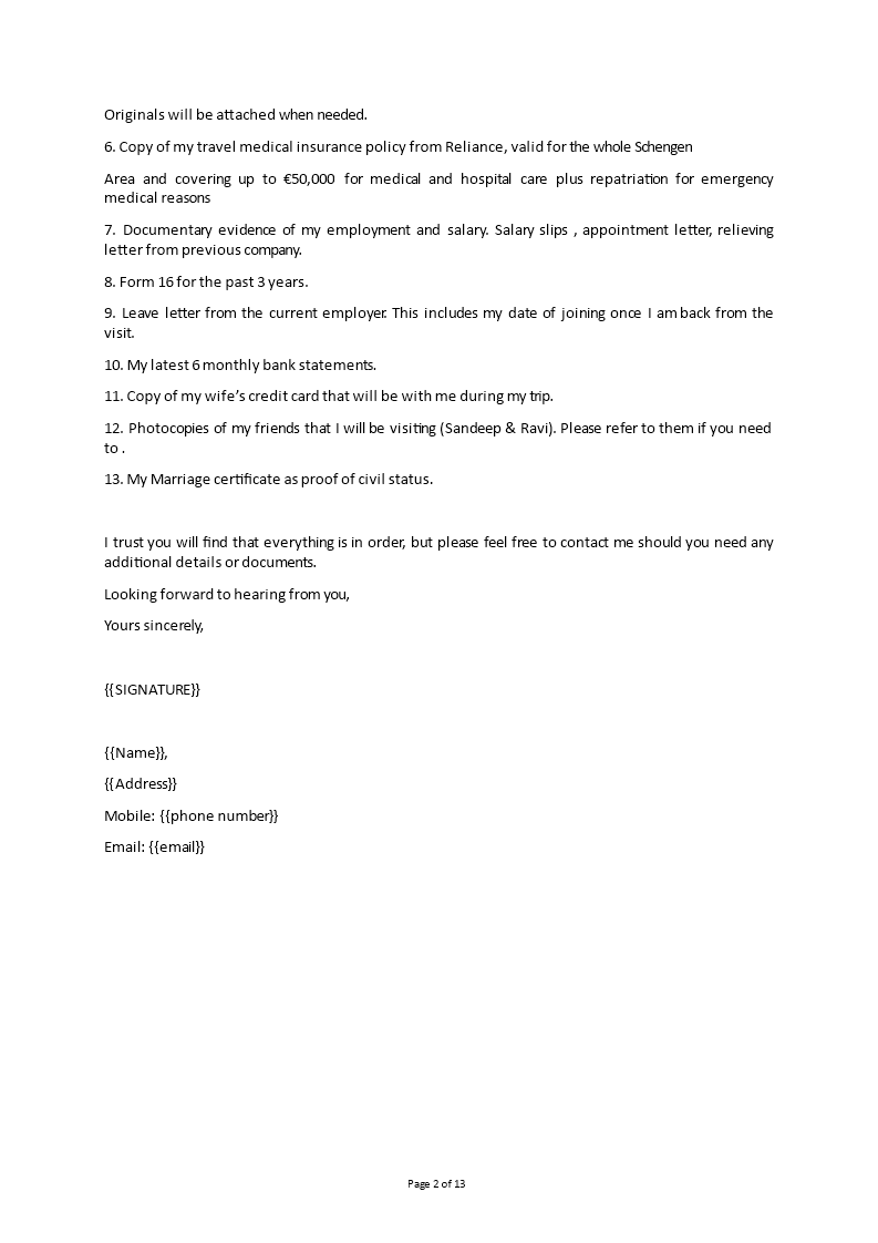 Visa Application Cover Letter Gratis