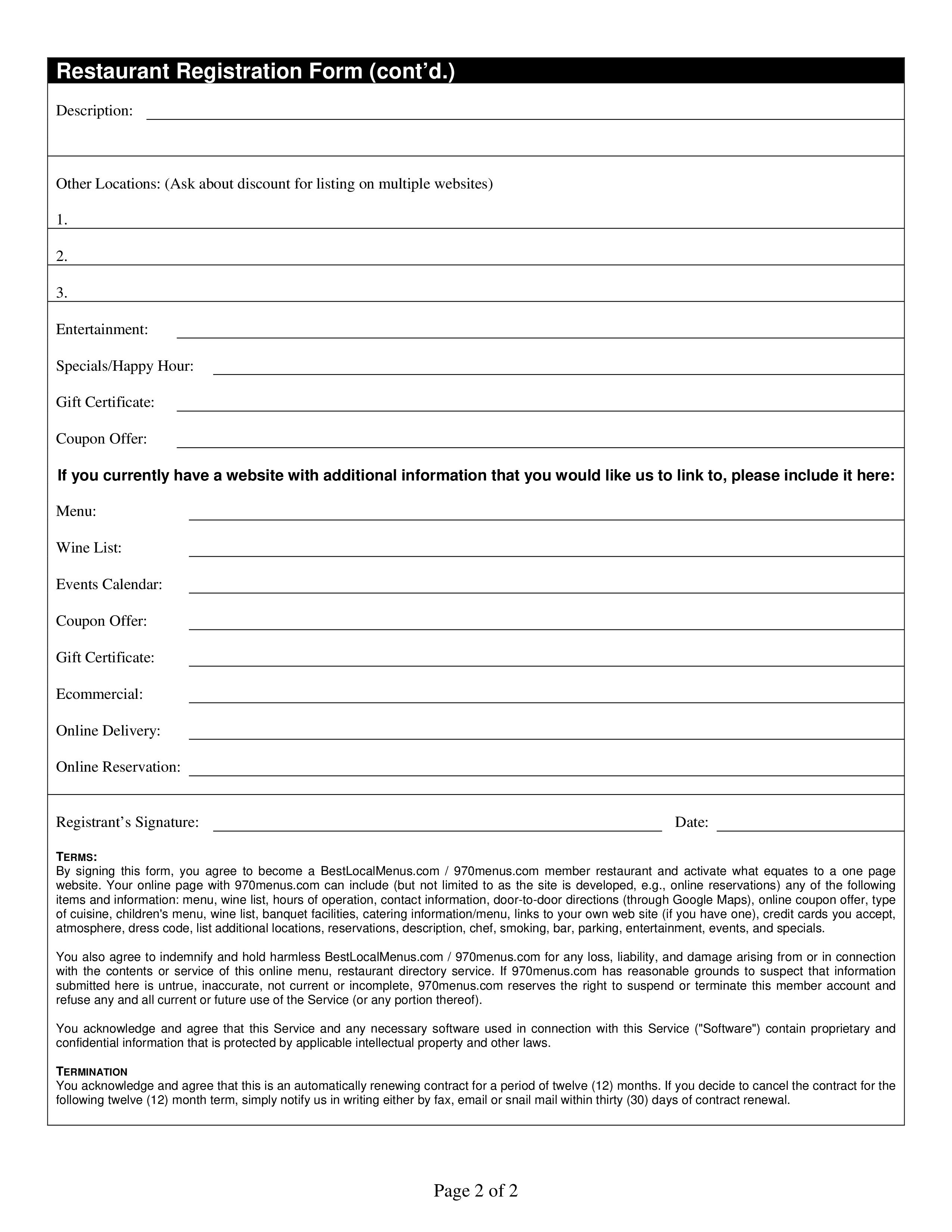 Restaurant Registration Form | Templates at allbusinesstemplates.com