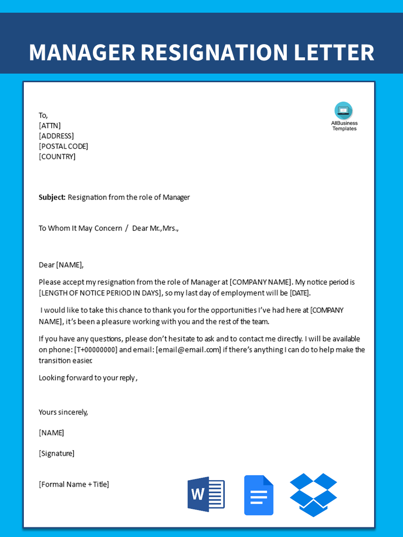 Employment Resignation Letter as Manager | Templates at ...