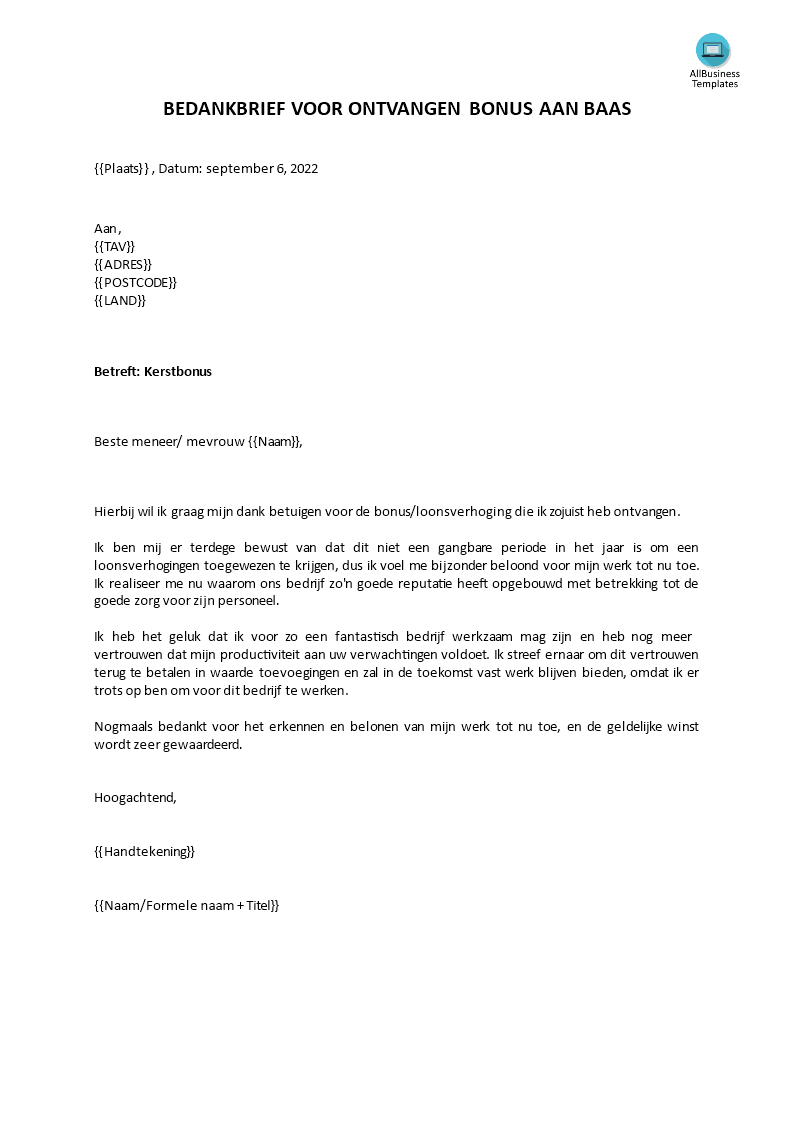 Bonus Bedankbrief aan Baas | Templates at allbusinesstemplates.com