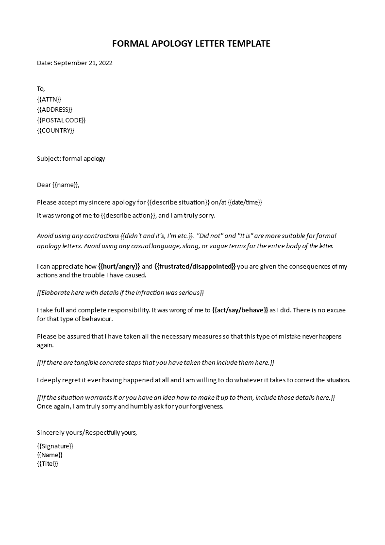 Formal Apology Letter with corrective actions | Templates at ...