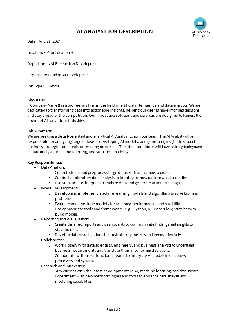 AI Analyst Job Description | Templates at allbusinesstemplates.com