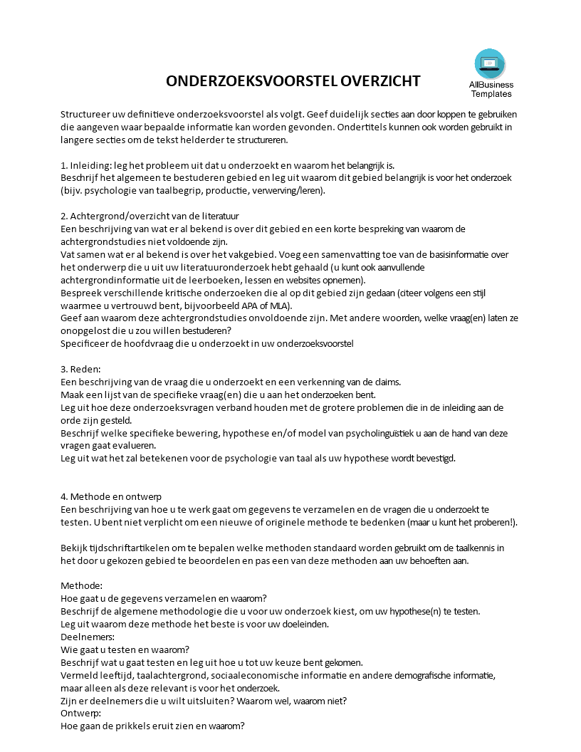 Gratis Onderzoeksvoorstel opzet voorbeeld
