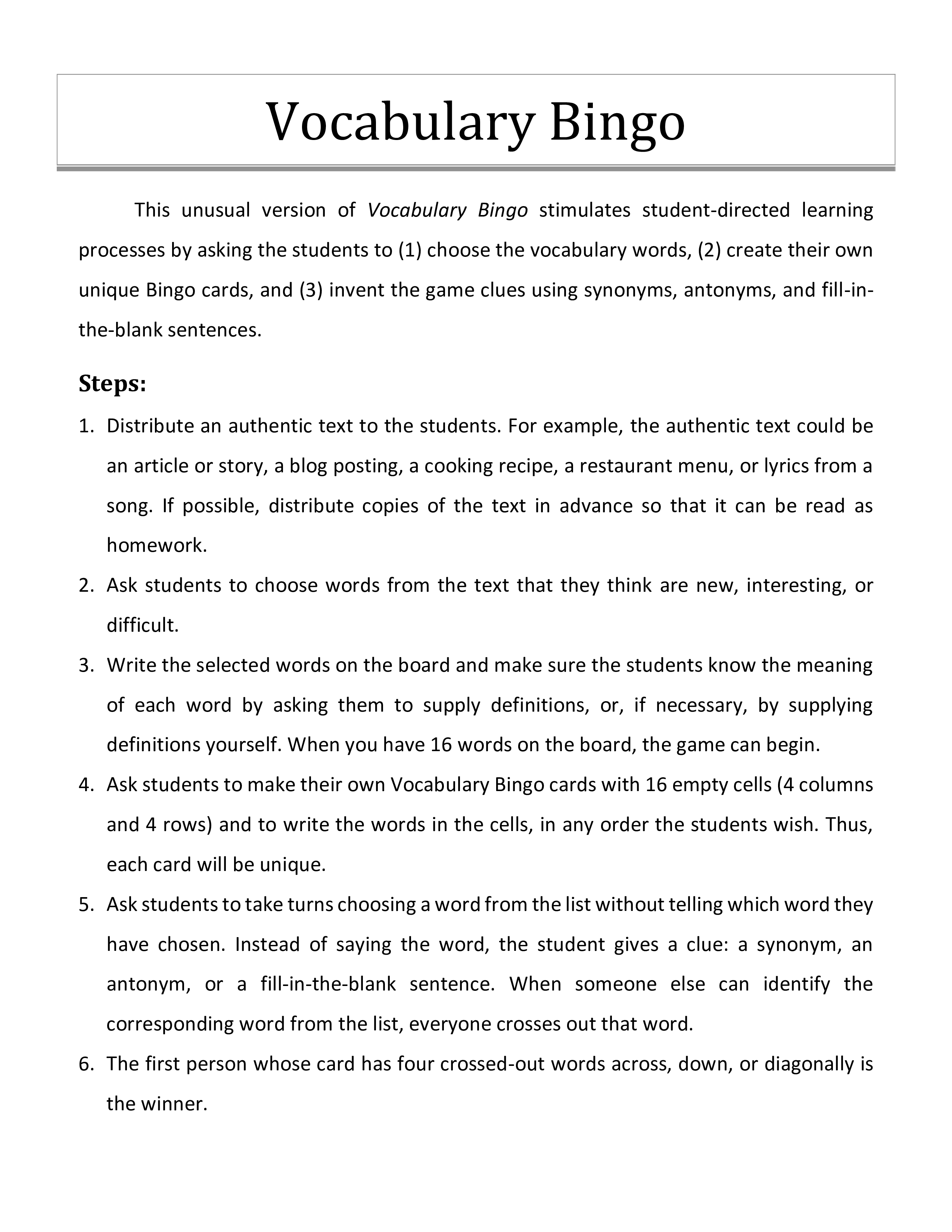 Vocabulary Bingo Card | Templates at allbusinesstemplates.com