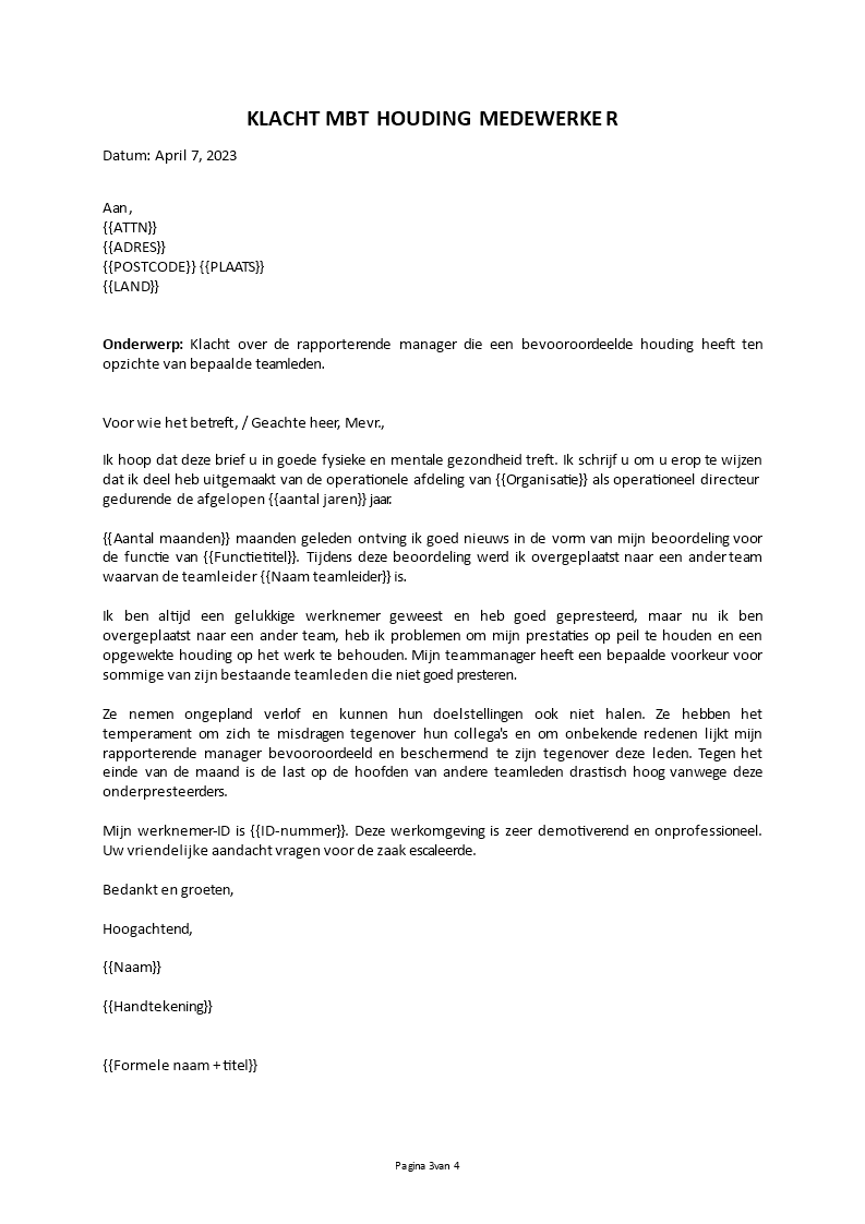 Gratis Voorbeeld Klachtenbrief aan Baas / Manager / Werkgever