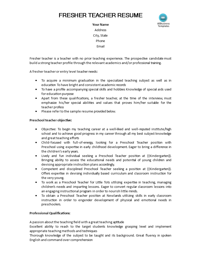 Fresher Teacher CV Sample | Templates at allbusinesstemplates.com