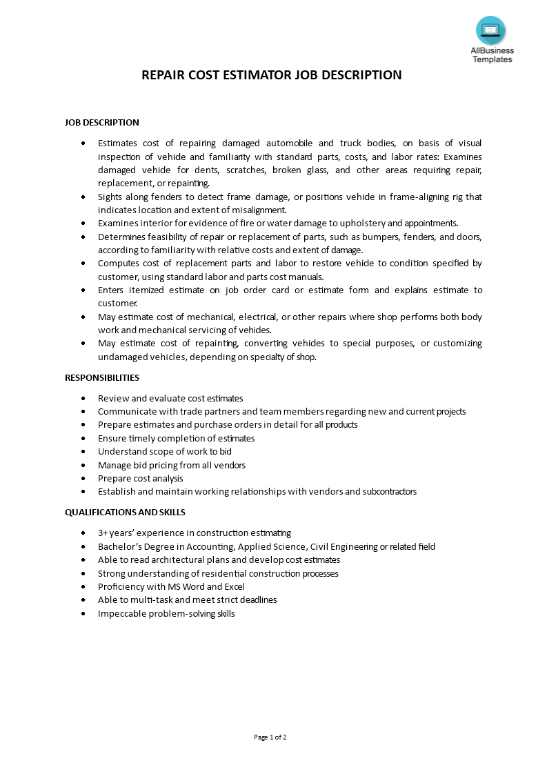 Estimator Job Description Template Prntbl concejomunicipaldechinu gov co