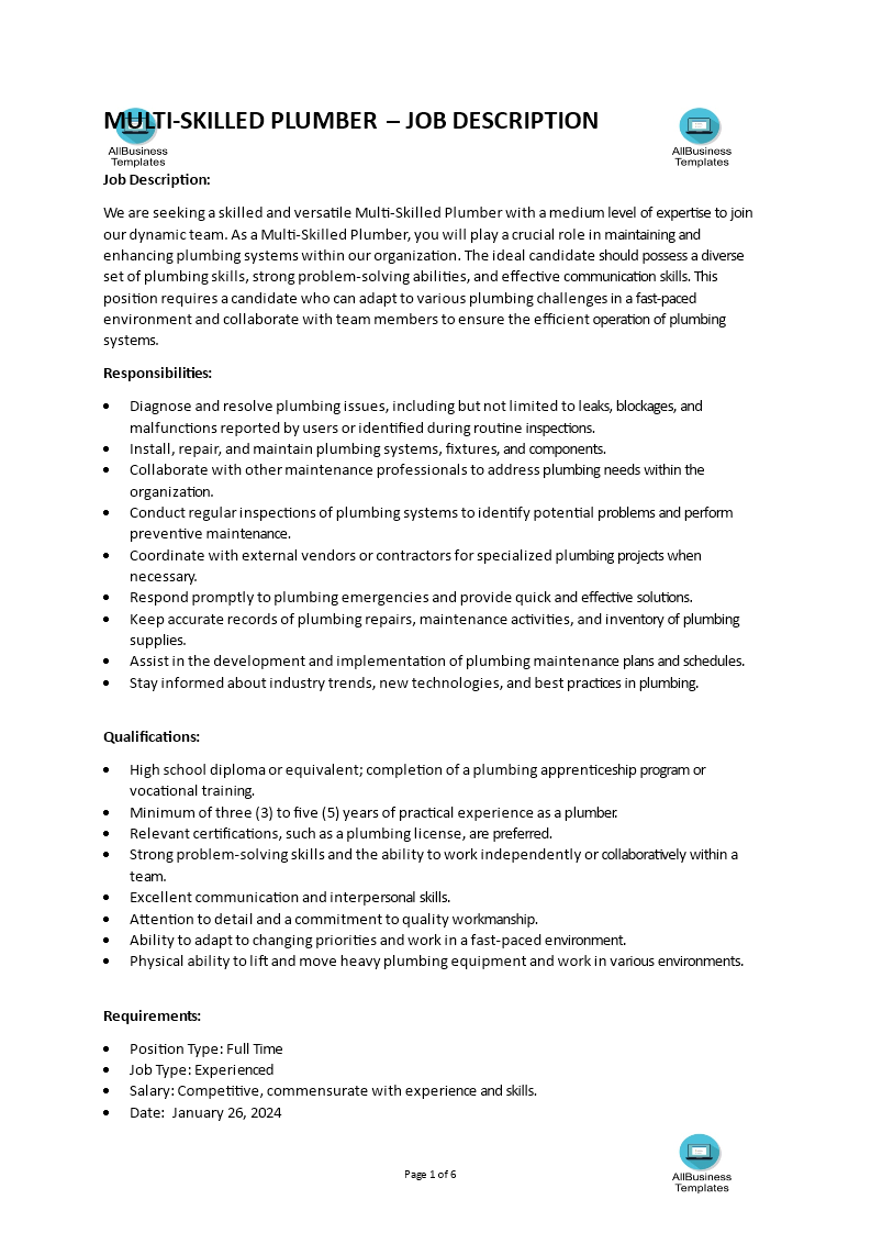 Senior Plumber Job Description | Templates at allbusinesstemplates.com