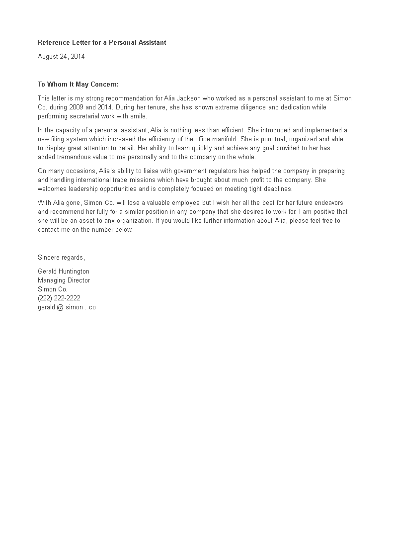 Personal Assistant Reference Letter Templates At Allbusinesstemplates