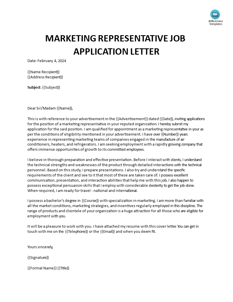 Marketing Representative Job Application Letter | Templates at ...