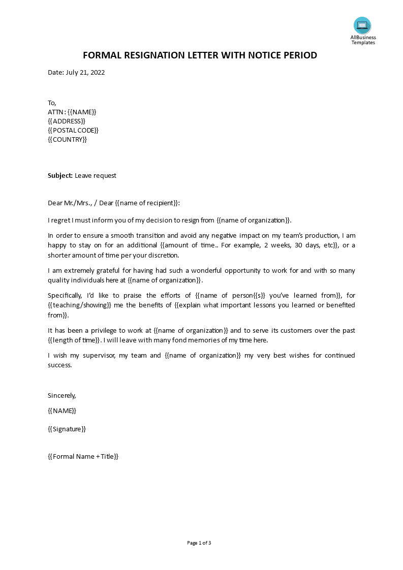 Formal resignation letter sample notice period | Templates at ...