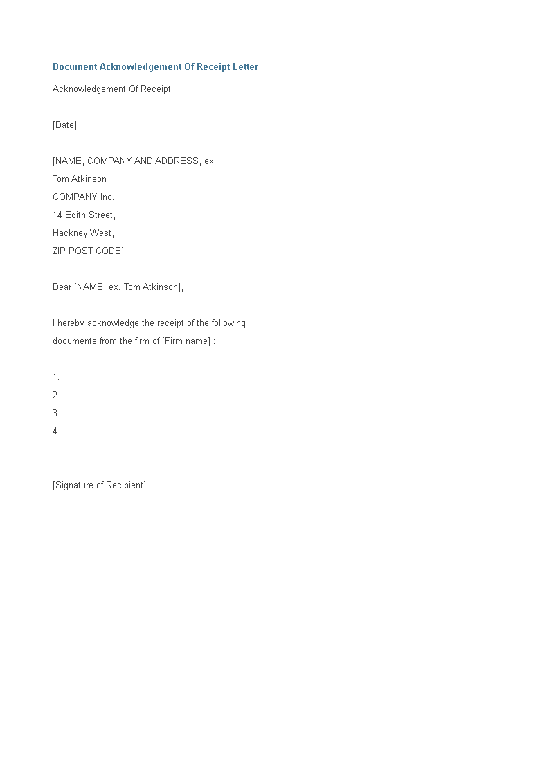 Document Receipt Acknowledgement Letter | Templates at ...