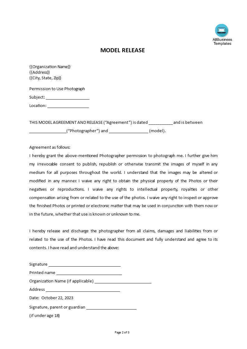 Model Release Form | Templates at allbusinesstemplates.com