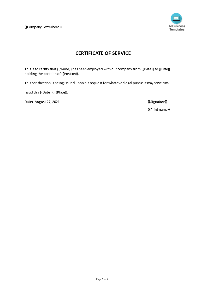 Service Certificate | Templates at allbusinesstemplates.com