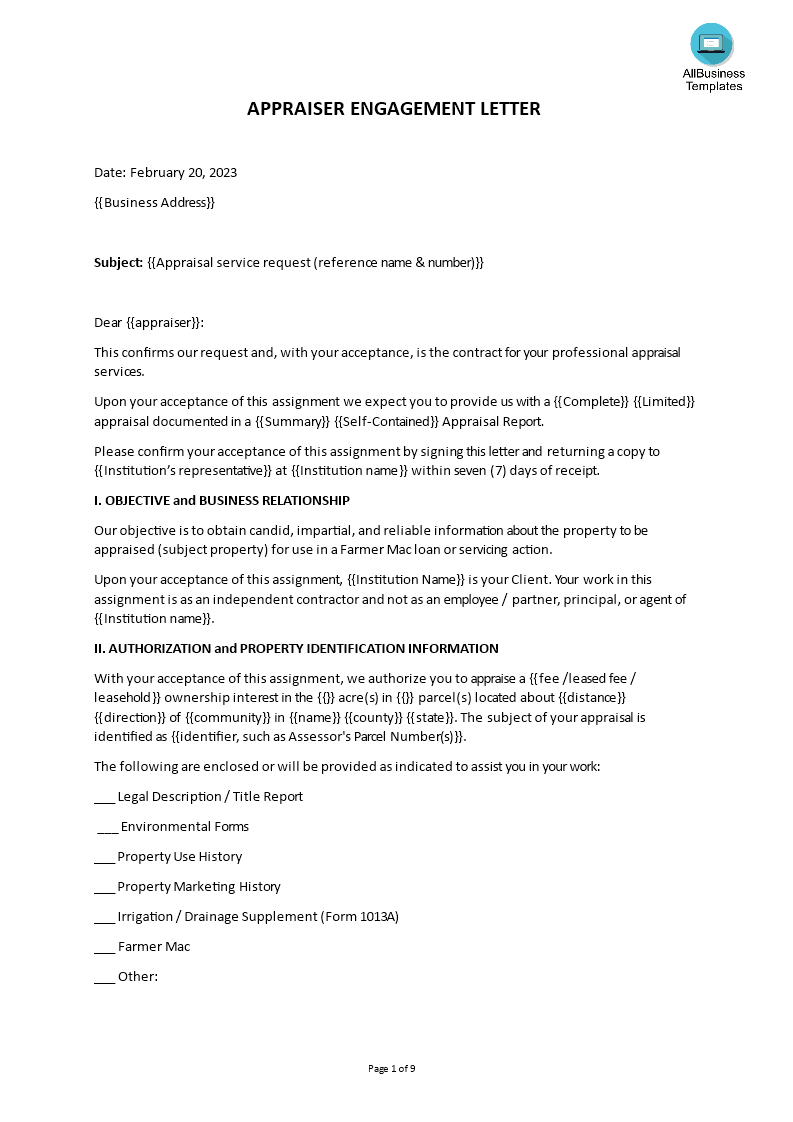 Sample Appraisal Engagement Letter - Premium Schablone