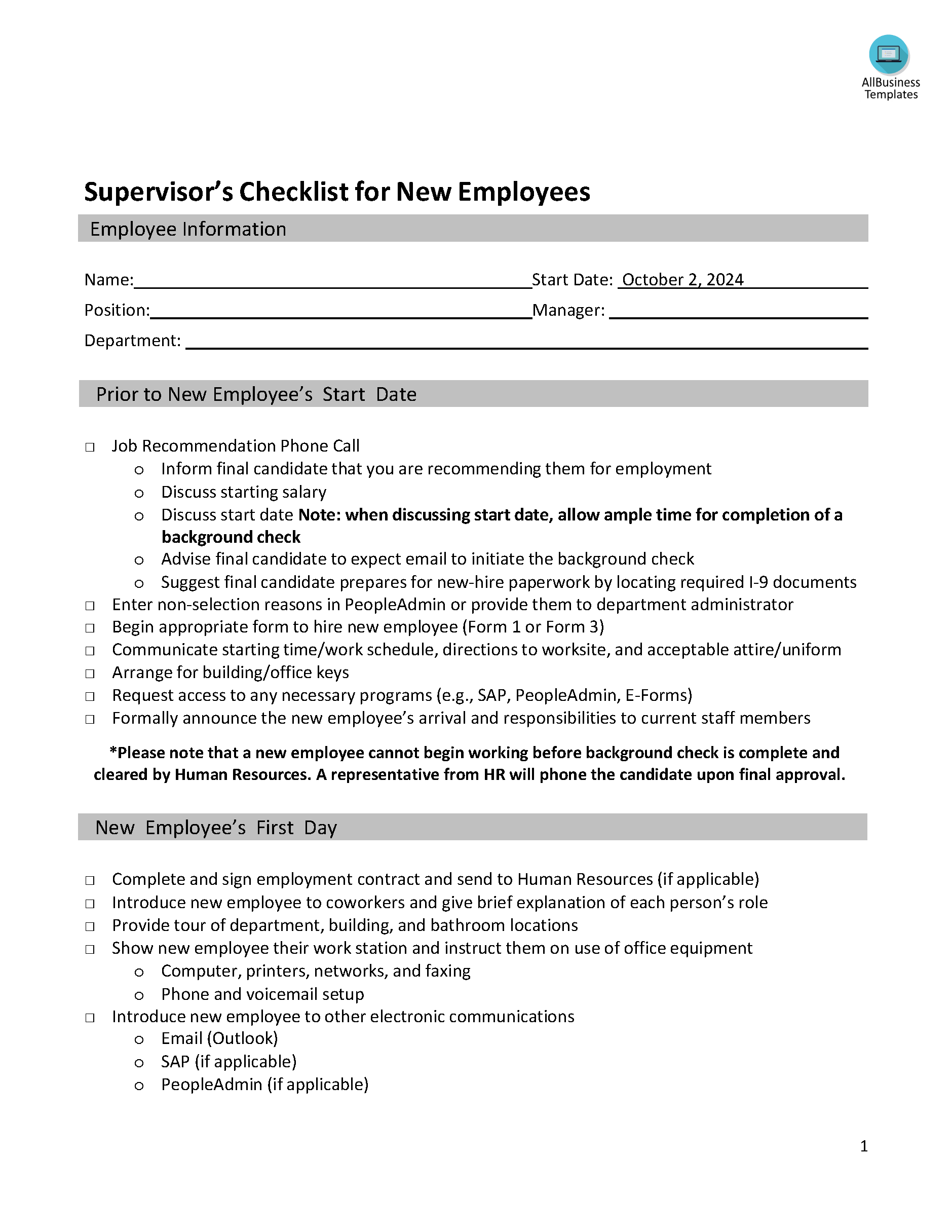 Supervisor's New Employee Checklist | Templates at allbusinesstemplates.com